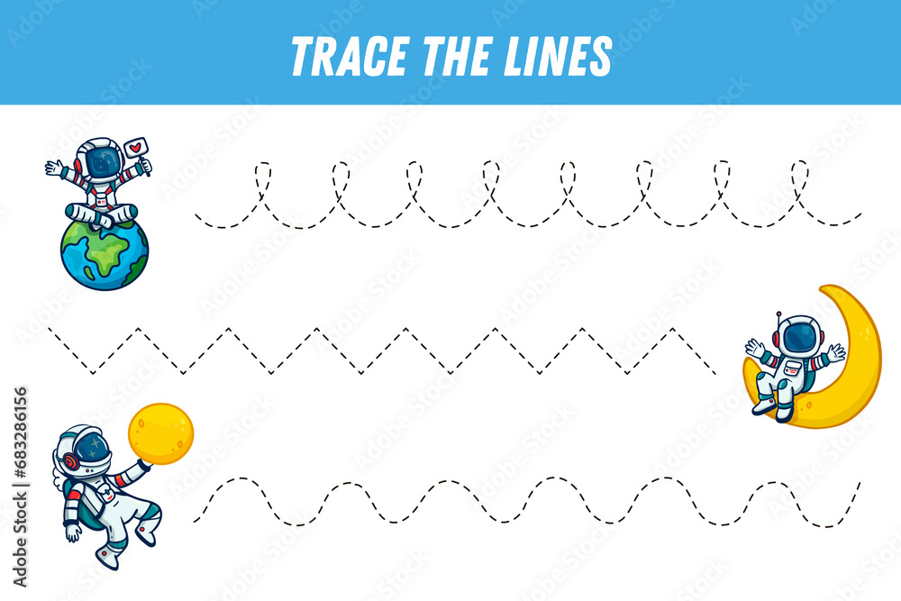 Tracing lines for kids. Cute cartoon astronaut. Cosmonaut. Handwriting ...