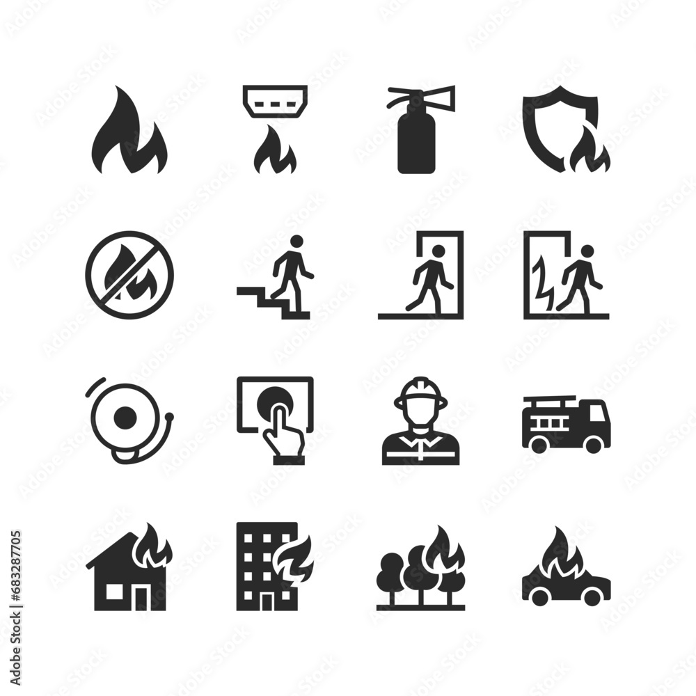 Fire icons set. Extinguishing a fire, safety. Burning. Danger to life ...