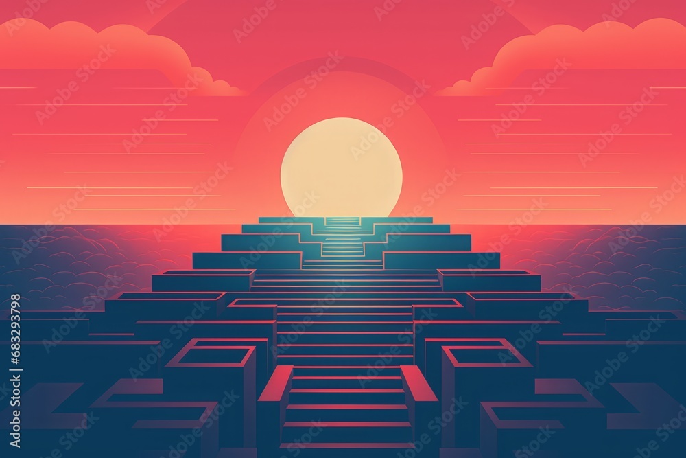 Captivating retro-style landscape featuring a teal and black maze ...