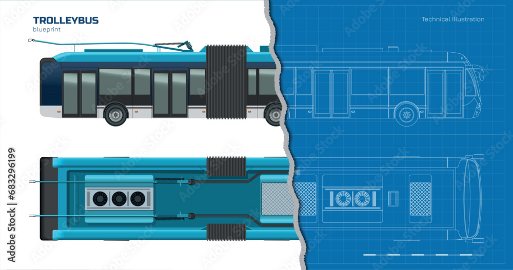 Isolated trolleybus drawing. 3d urban transport blueprint. Top, side ...