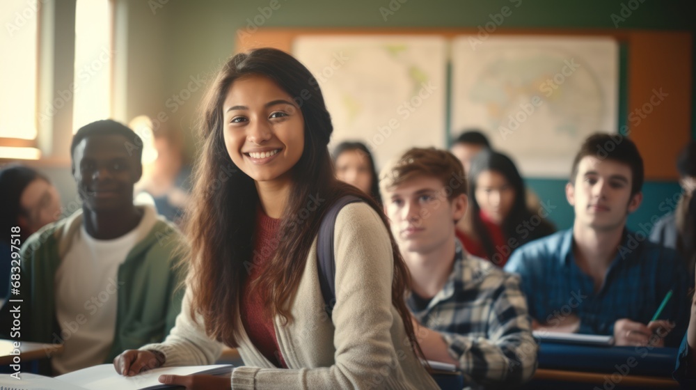 Happy children study in the classroom. A group of kids learn at school ...