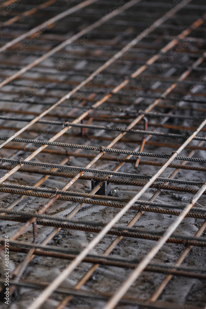 Iron frame for foundation floor, building site, top view. Closeup ...