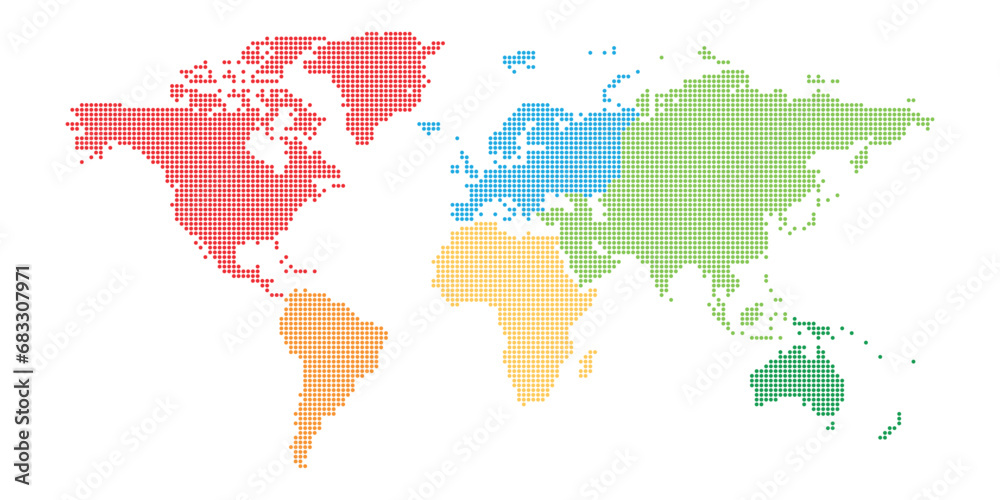 World map of triangles with different color of each continent. Halftone ...