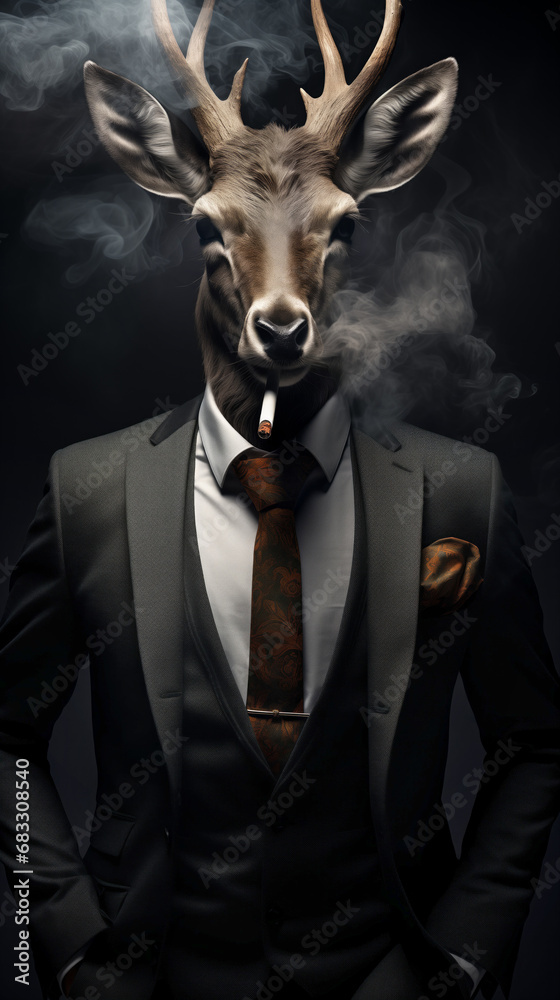 ภาพประกอบสต็อก Deer dressed in a classy suit, smoking, standing as a ...