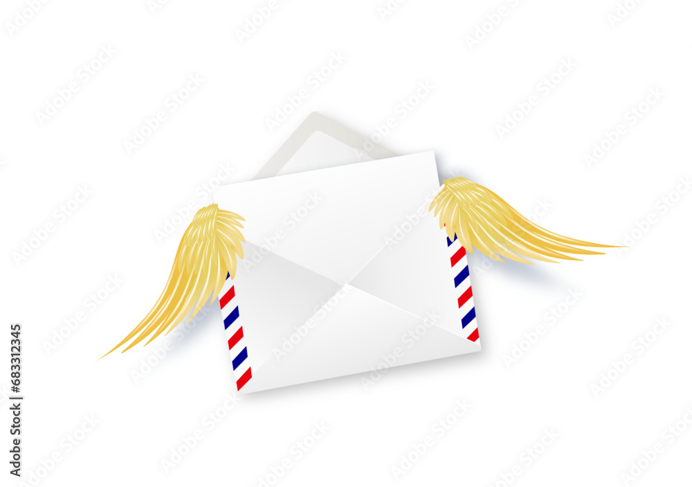 Paper envelope with golden angel wings. Letters Be my Valentine. White ...
