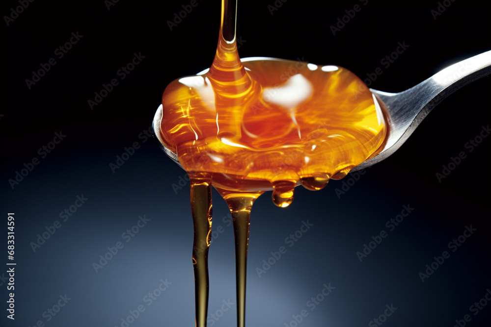 An intricately detailed illustration of a droplet of honey falling from ...