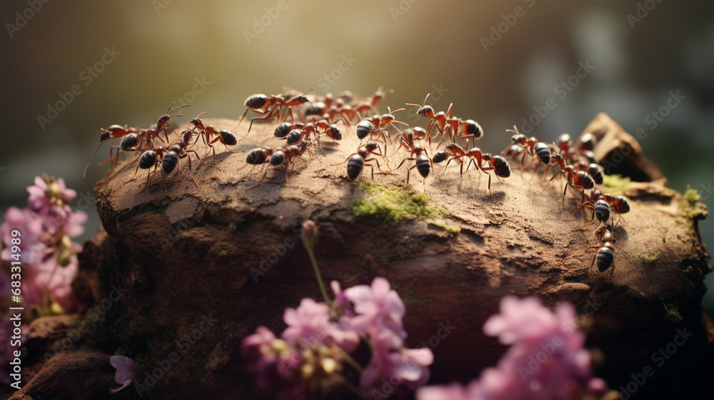 Hyperrealistic depiction of a group of ants collaborating to carry a ...