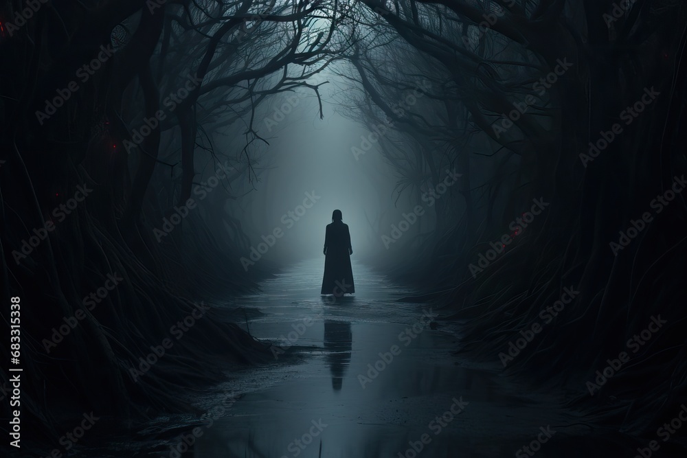 Horror night forest landscape with scary ghost. Mysterious fairy forest ...