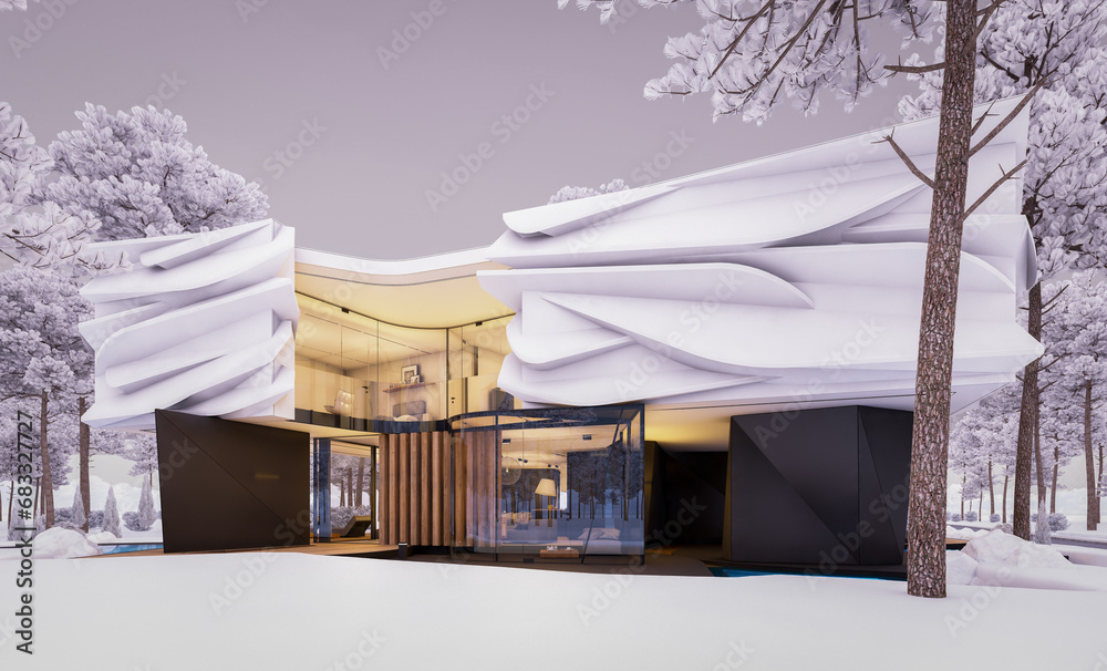 3d rendering of cute cozy modern house with bionic natural curves ...