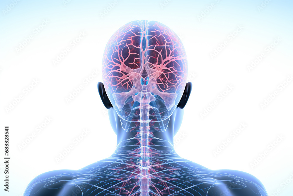 Human anatomy. Brain, spine, back of the neck and shoulder blade ...