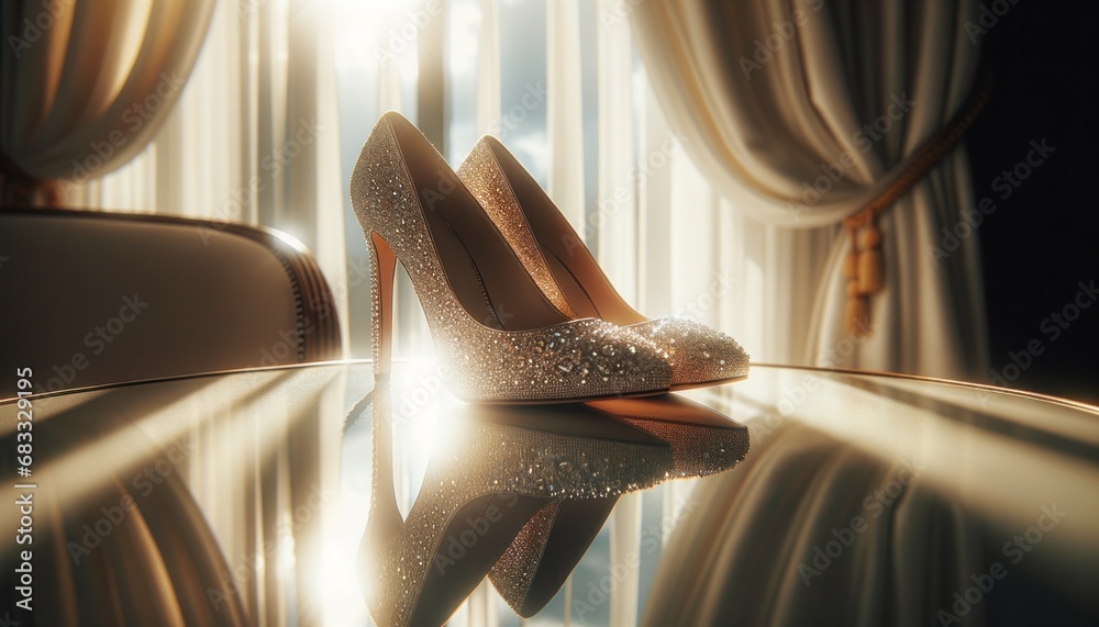 Fashion photo of sparkling high heel shoes elegantly positioned on a ...