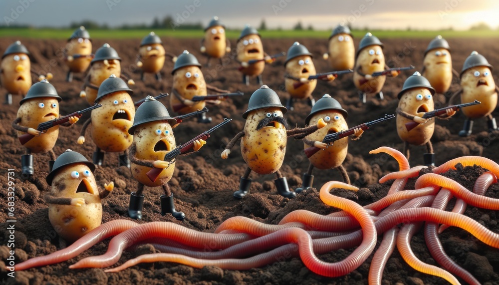 Army of cartoon potato soldiers with helmets and guns in a field ready ...