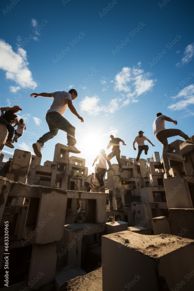 Parkour team training in an urban environment, showcasing their agility ...