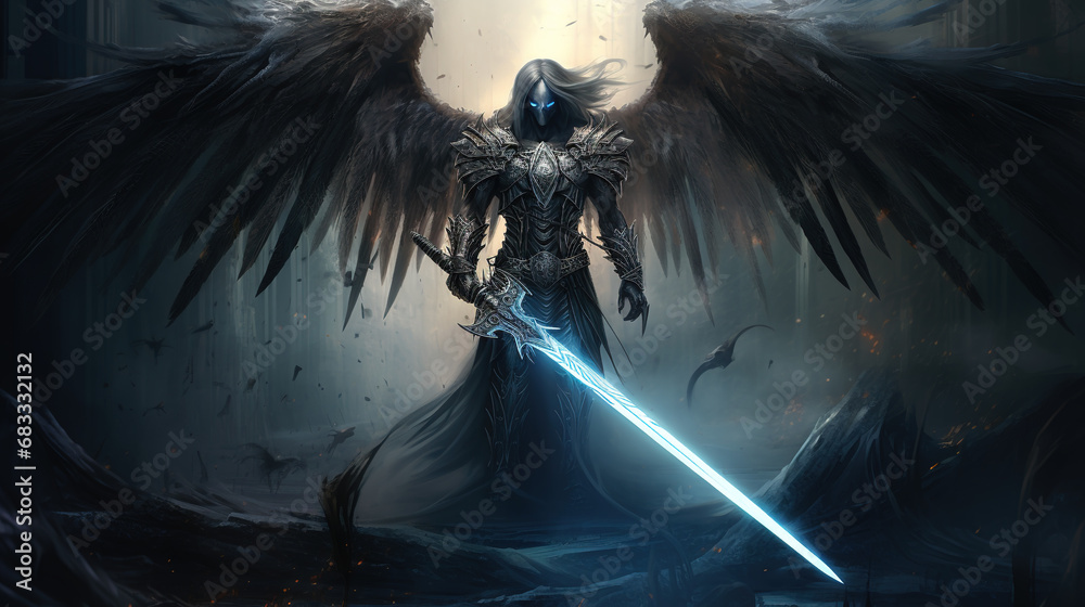 Dark warrior angel with medieval sword. fantasy background Stock ...