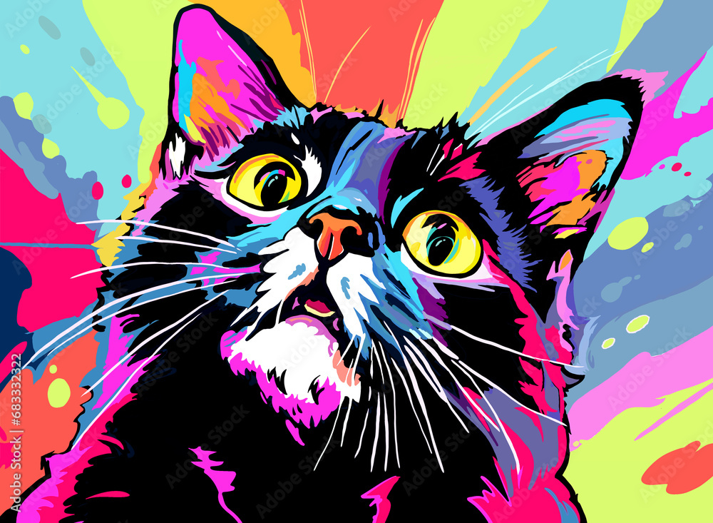 Black cat in pop art style, looking up, making a startled expression on ...