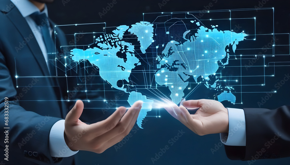 Business man hands using an hologram which projects images reffered to ...