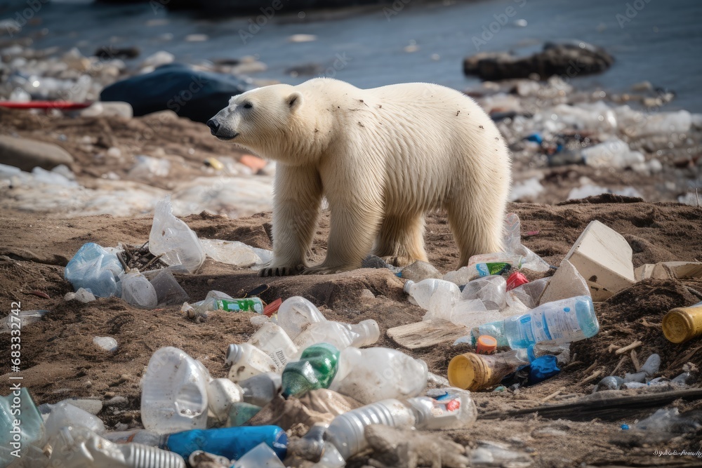 White polar the bear sniffs and wants to eat garbage on the shore ...