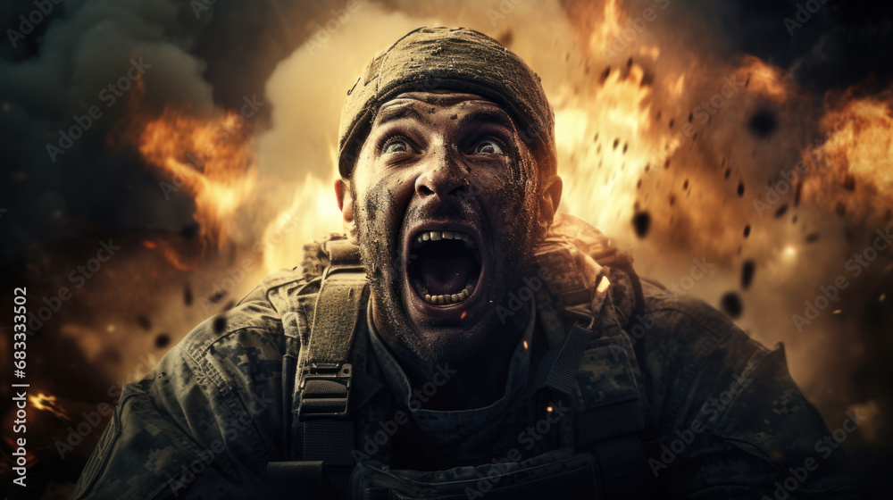 Yelling soldier on battlefield, shell shock Stock Photo | Adobe Stock