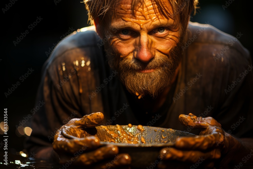 Close-up on the hands of a gold miner sifting gold-bearing dirt ...