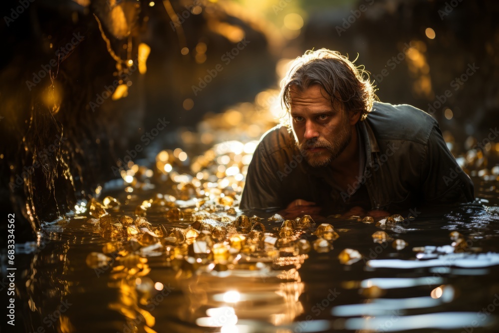 Gold miner standing knee-deep in a glistening river, using a sluice box ...