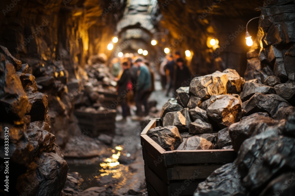 Group of miners working together to load a cart with ore in the heart ...