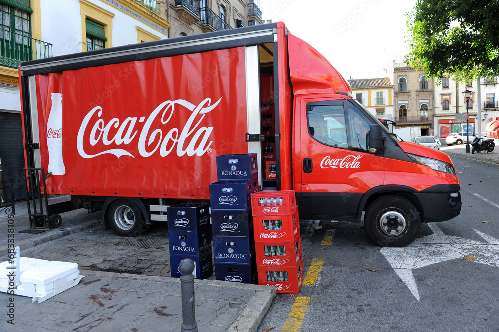 Coca Cola company delivery van. Small truck loaded with boxes of Coca ...