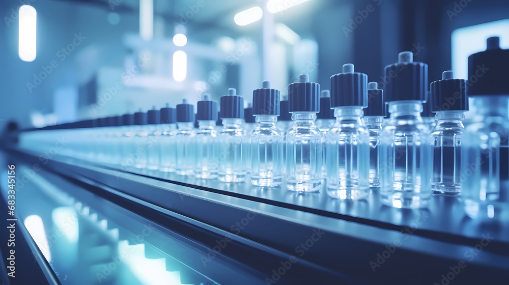 Medical vials on production line at pharmaceutical factory ...