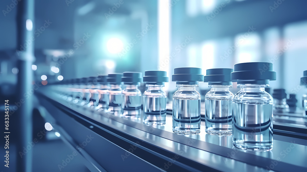 Medical vials on production line at pharmaceutical factory ...