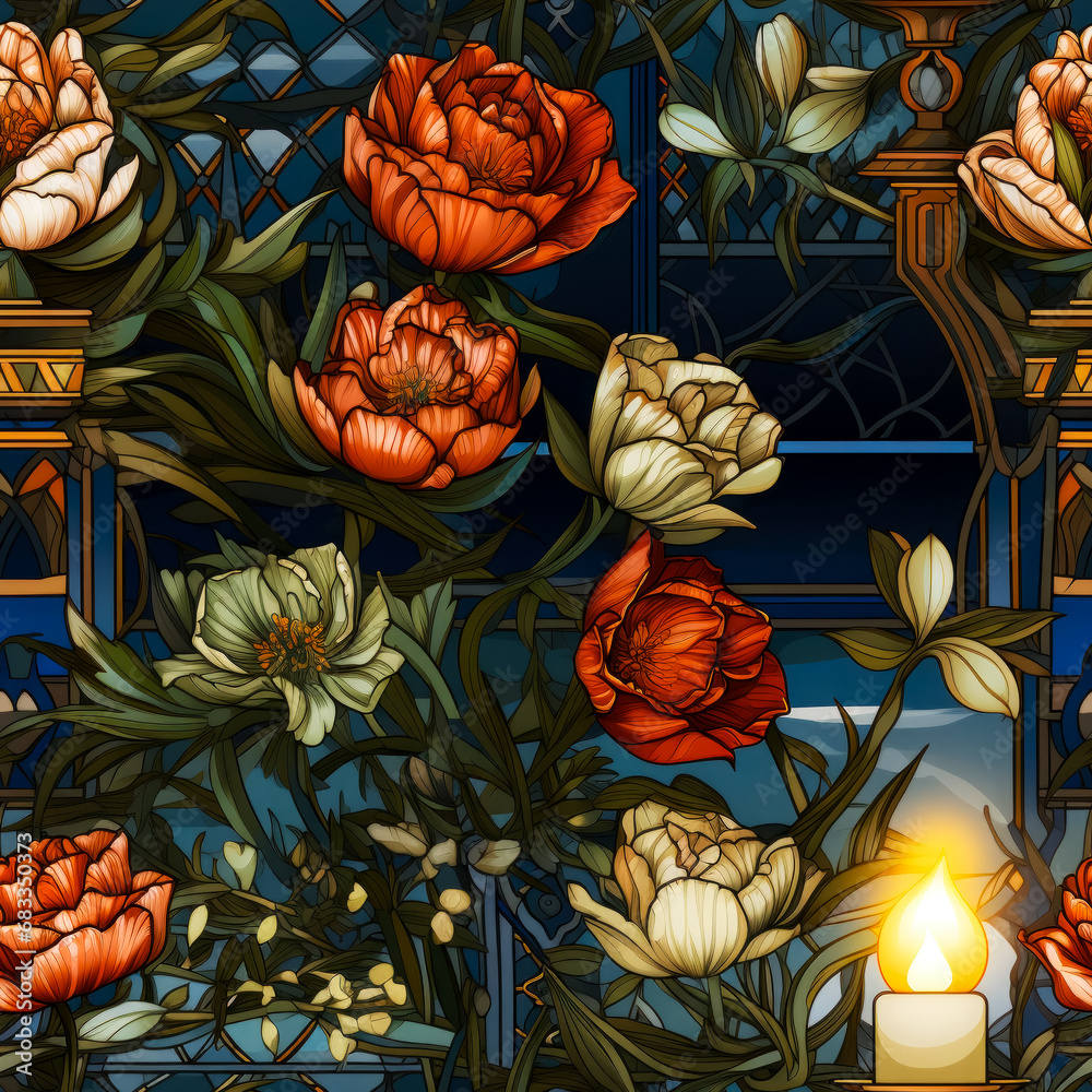 Burning Candlemas candles in Art Nouveau style, an endless pattern with ...