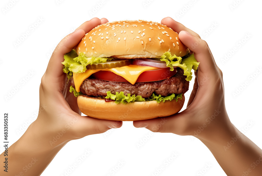 Hands holding hamburger on transparent background, png. Hand with tasty burger Stock Photo ...
