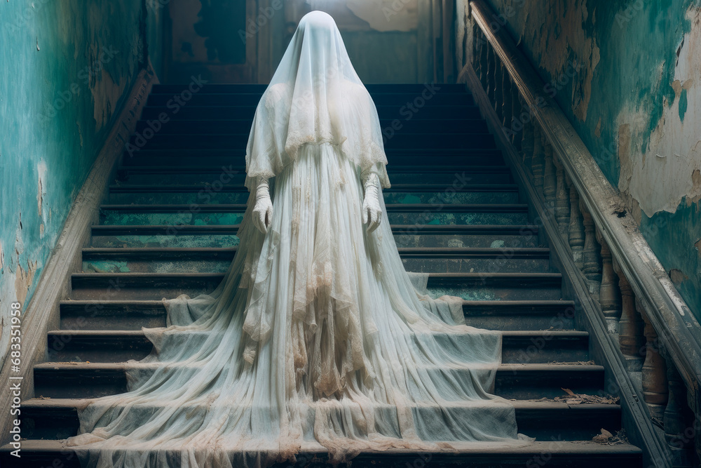 An evil lonely haunted ghost walking on the stairs of an abandoned old ...