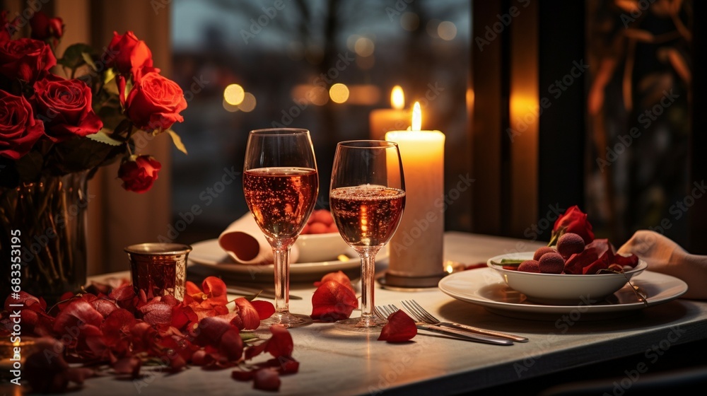 Romantic Dinner Luxury Table setup for couple, Illuminated by candlelight, Red Rose and wine ...