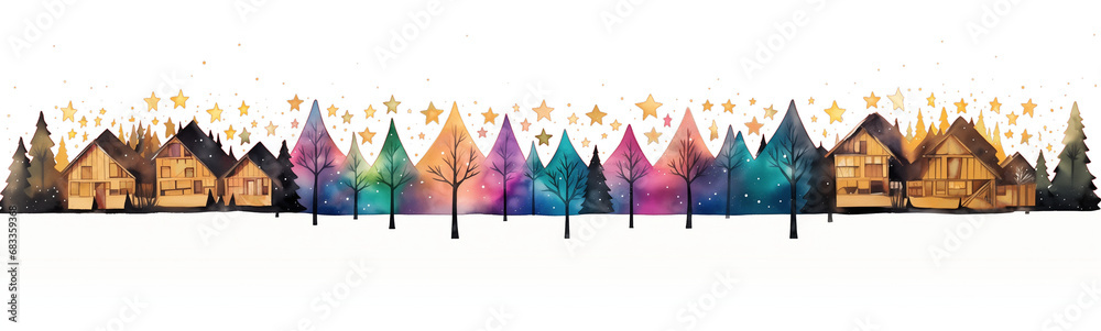 Christmas winter decoration, colorful forest line band, pine trees page ...