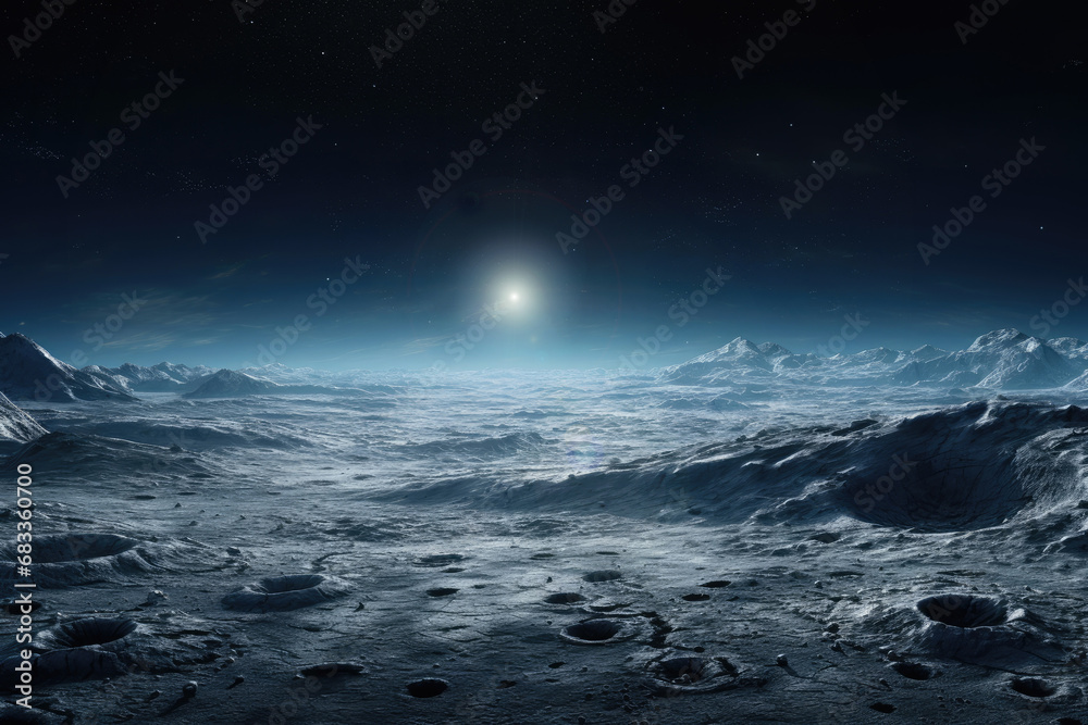fantastic landscape of the outer planet, icy surface with craters and a ...