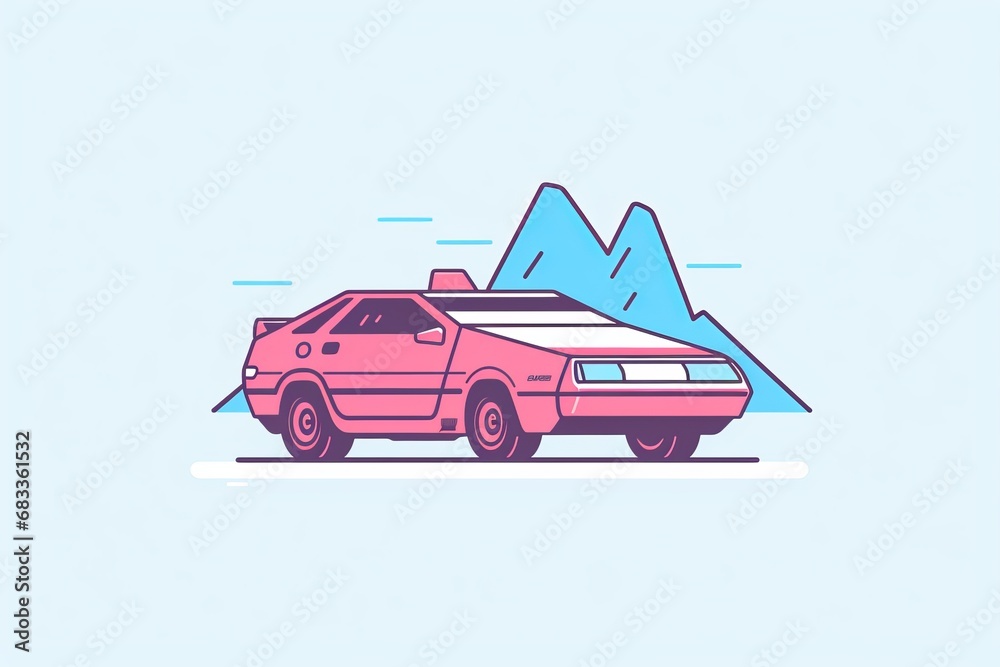 Minimalist retro pattern car with a simplistic mountain backdrop ...
