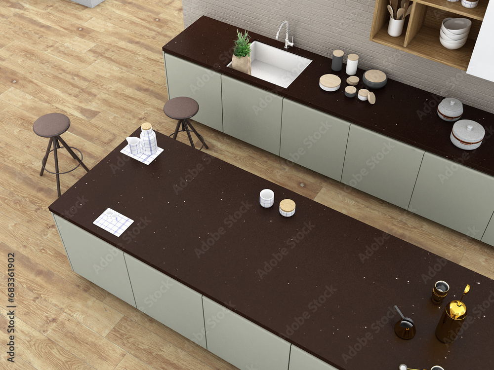 Cooking area interior with bar chairs and countertop on wooden concrete ...