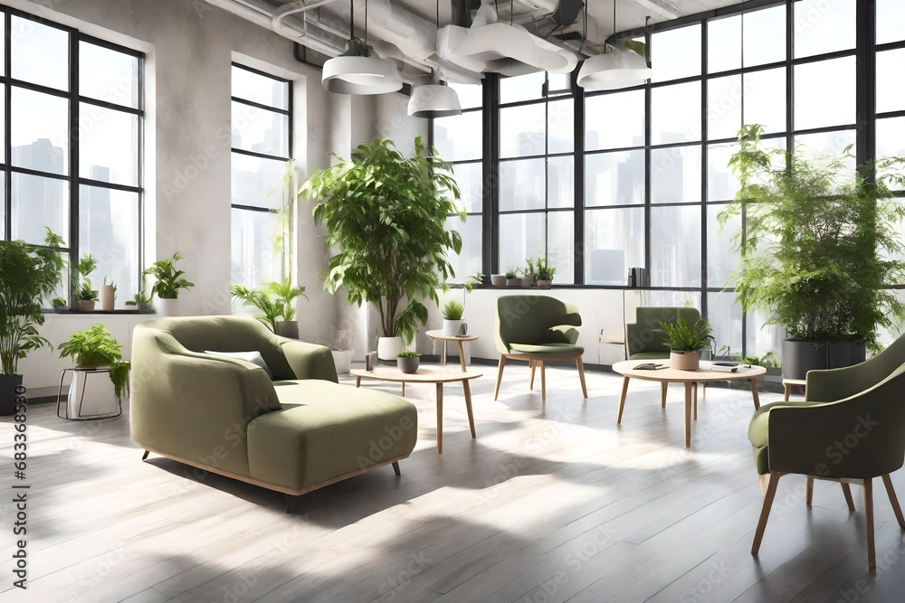 A huge, modern office lounge with a plush couch, lots of windows, tall ...