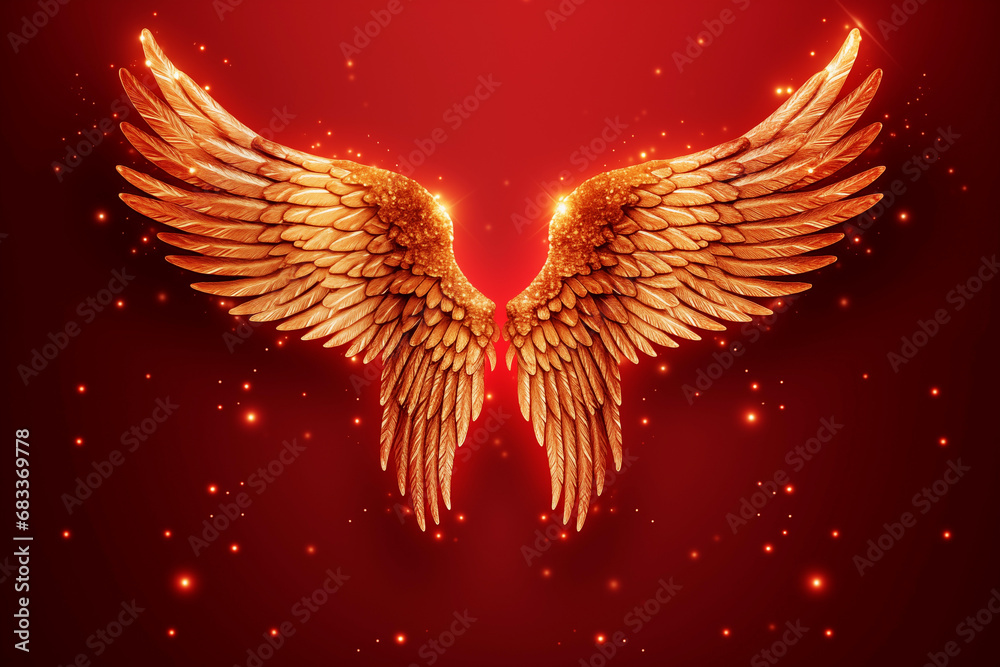 Golden angel wings on bright red background, with sparkles Stock ...