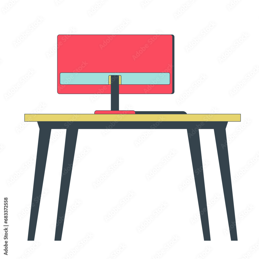 Computer monitor desk office 2D linear cartoon object. Workspace ...