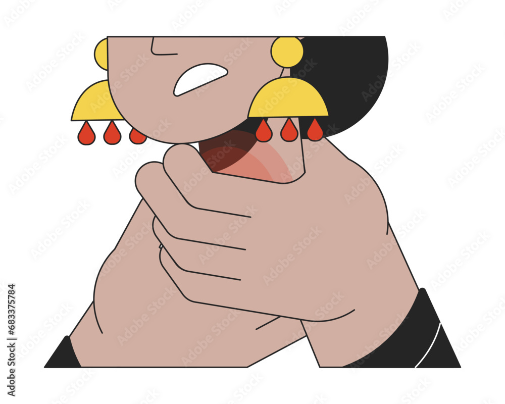 Vecteur Stock Indian woman arms around sore throat 2D linear cartoon ...
