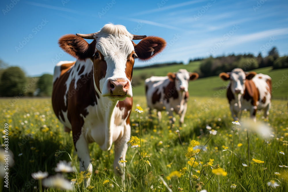 vibrant symbiotic relationship between cows and meadows, embodying ...