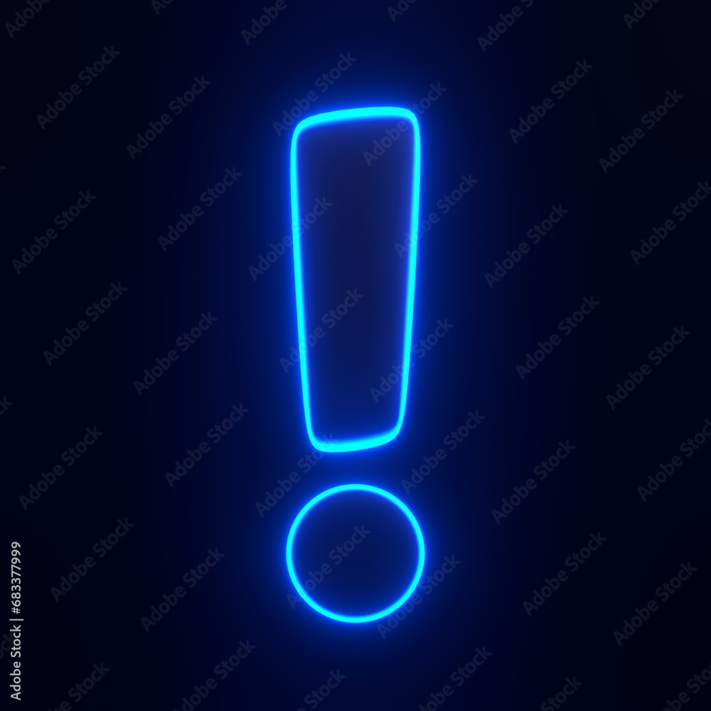 Exclamation mark with bright glowing futuristic blue neon lights on ...
