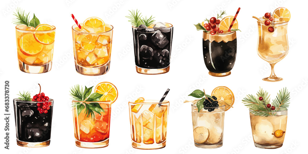 Black and gold drinks cocktails mocktails watercolor vectors Stock ...