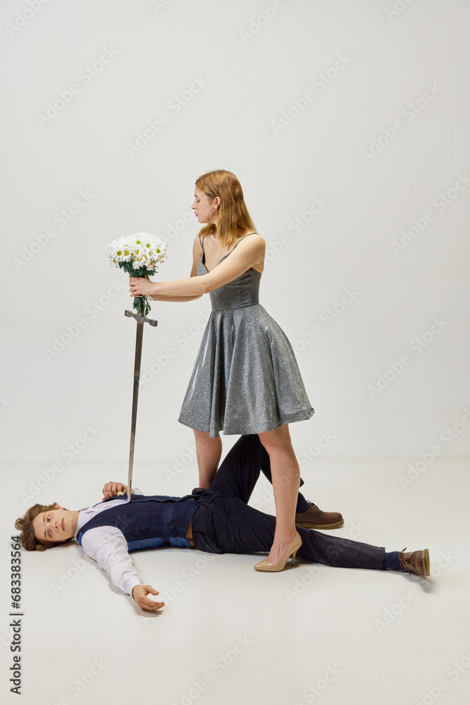 Queen of swords. baseless jealousy. Woman in cocktail dress stands over ...