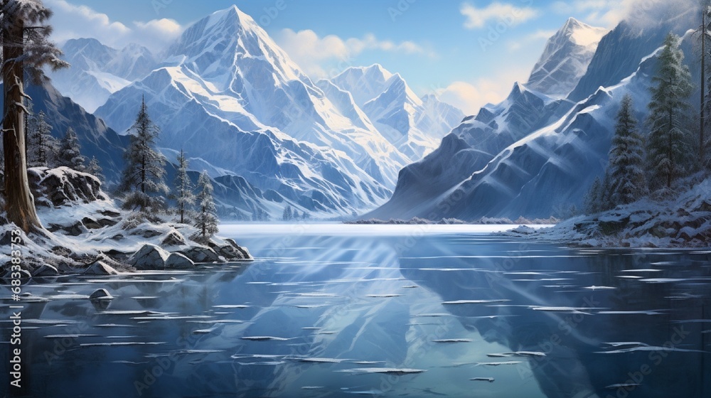 A frozen lake nestled between two mountains, its surface reflecting the ...