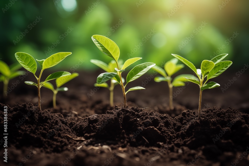 Small tree, seedlings, young sprouts growing with sunrise. Ecology ...