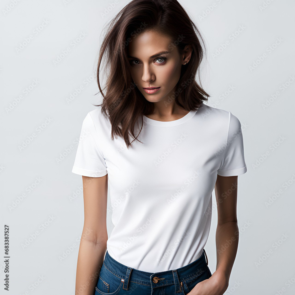 White t-shirt mockup. Female model wearing t-shirt mockup. Stock Photo ...