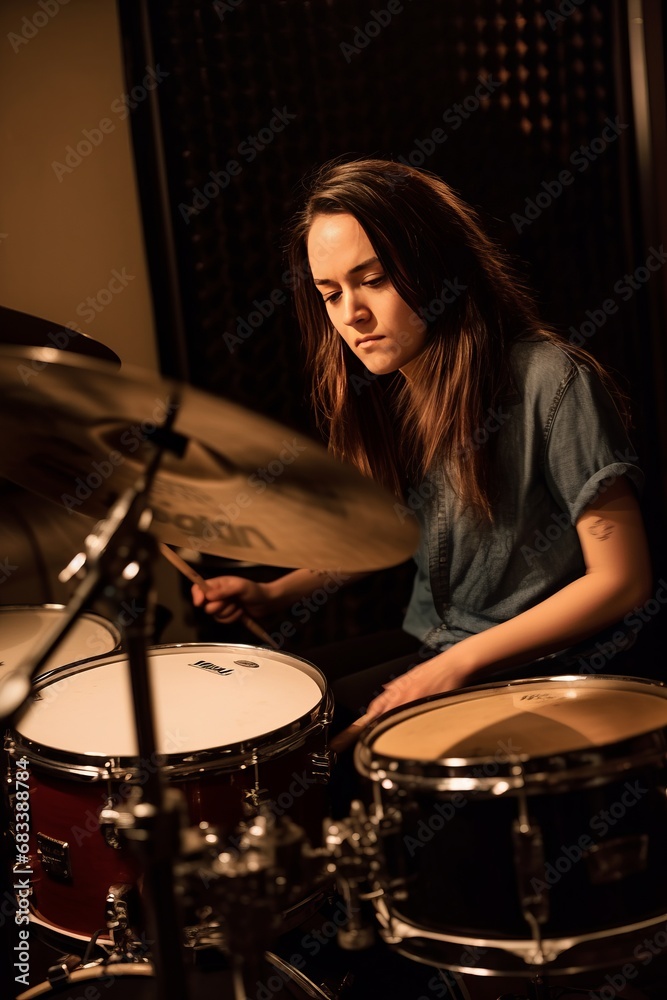 Professional drum set closeup. Beautiful young woman drummer with ...