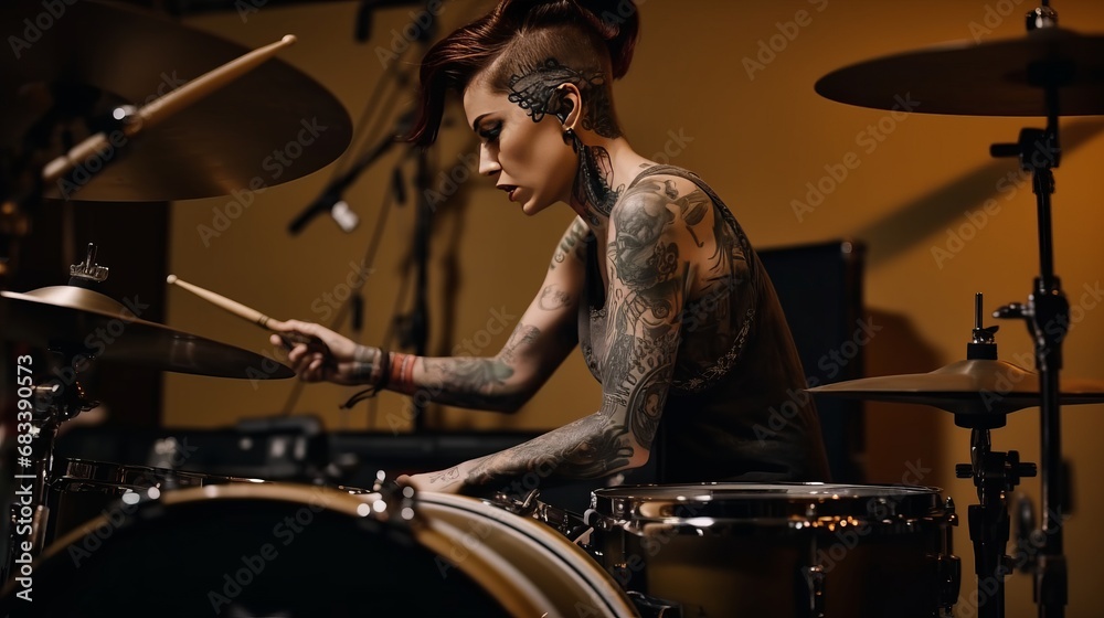 Professional drum set closeup. Beautiful young tattooed woman drummer ...