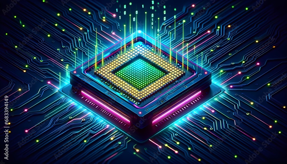 This image depicts a stylized representation of a CPU chip at the ...